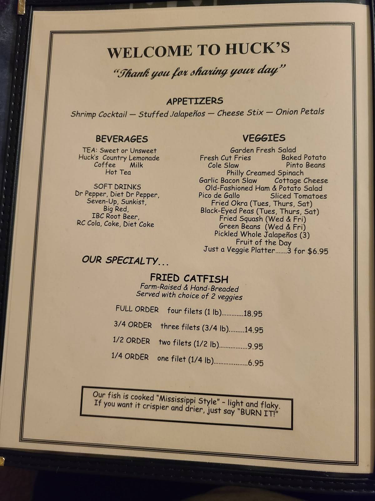 Menu at Huck's Catfish restaurant, Denison