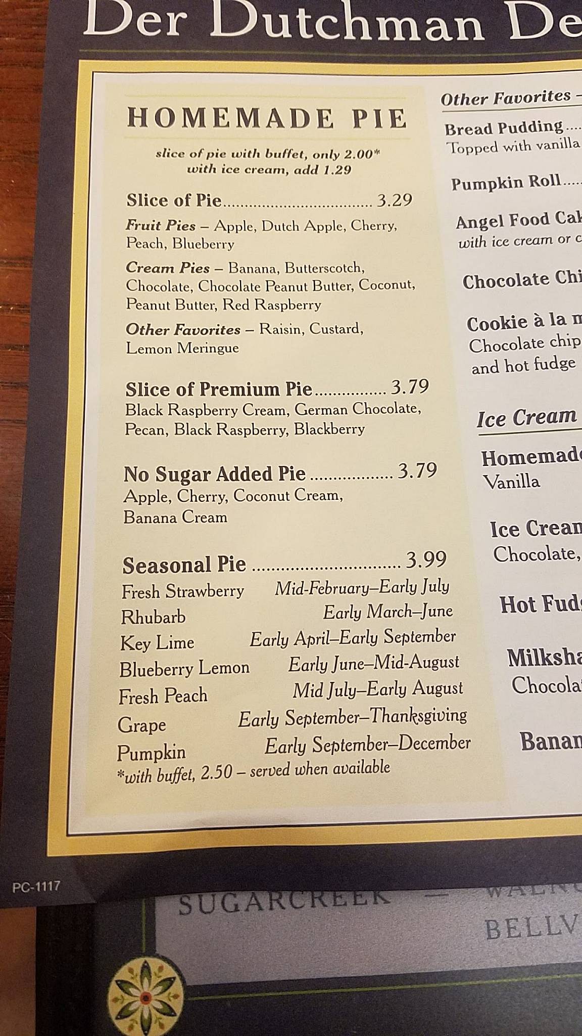 Menu at Der Dutchman restaurant, Plain City