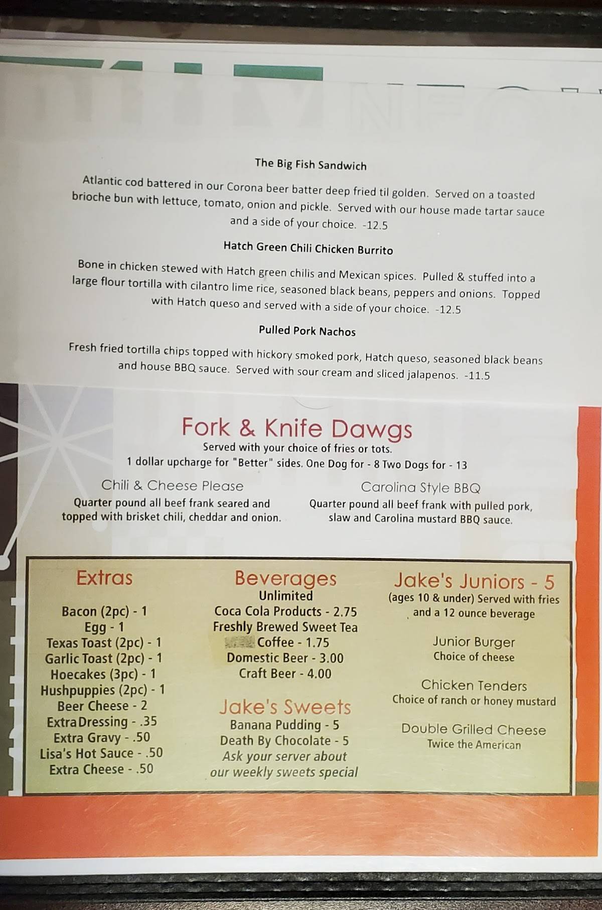 Menu at Jake's Southern Diner desserts, Hendersonville