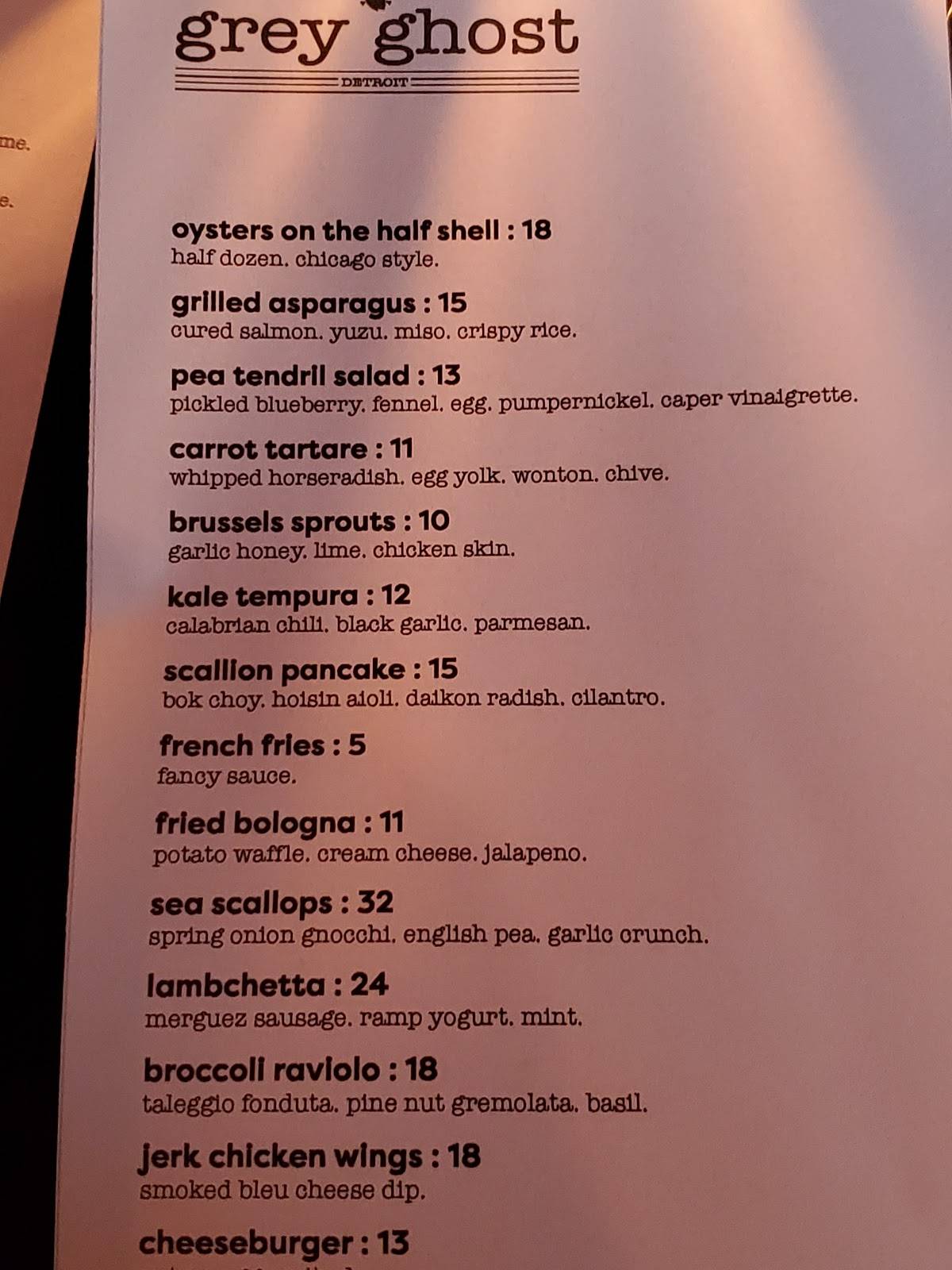 Menu at Grey Ghost Detroit pub & bar, Detroit