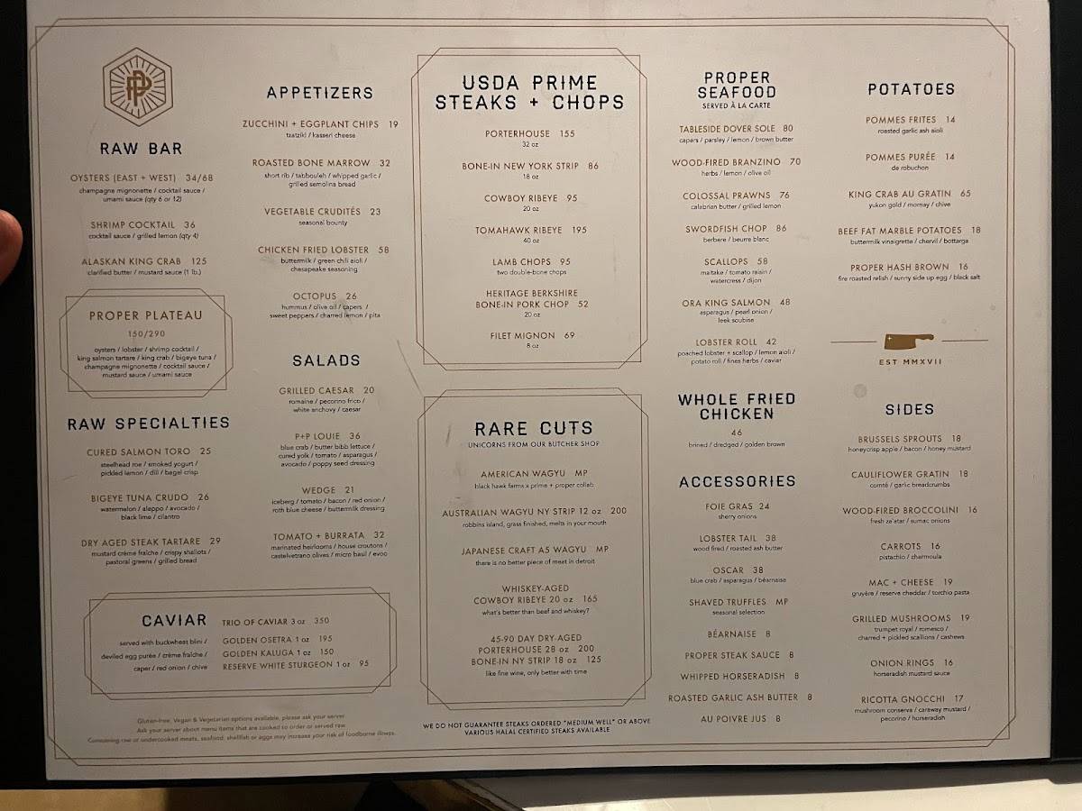 Menu at Prime + Proper steakhouse, Detroit