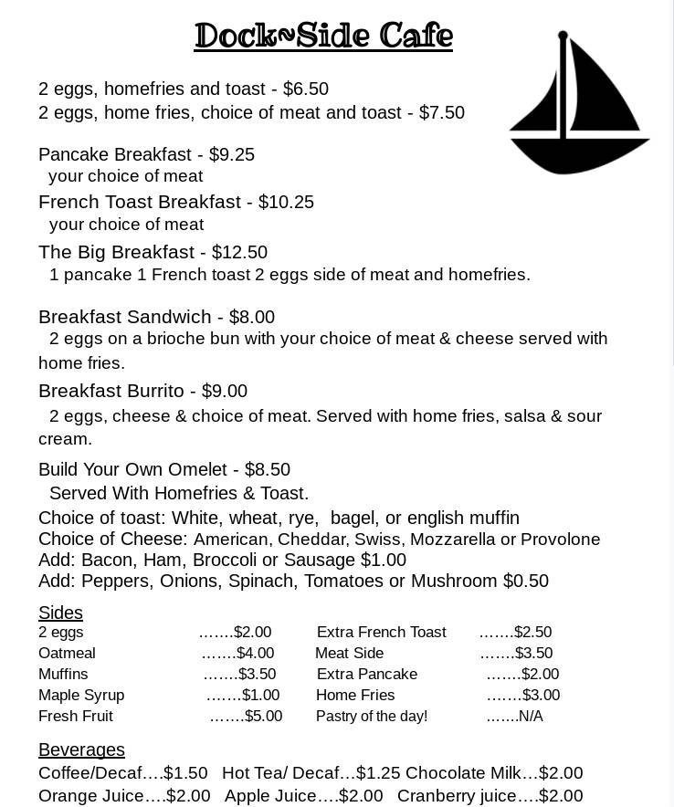 Menu at Dockside Café restaurant, Port Henry