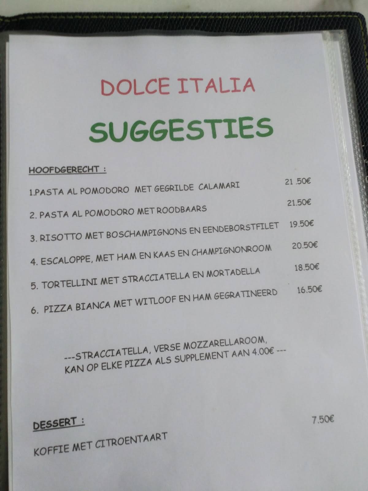Menu at Dolce Italia, Tienen, Groot Overlaar 1