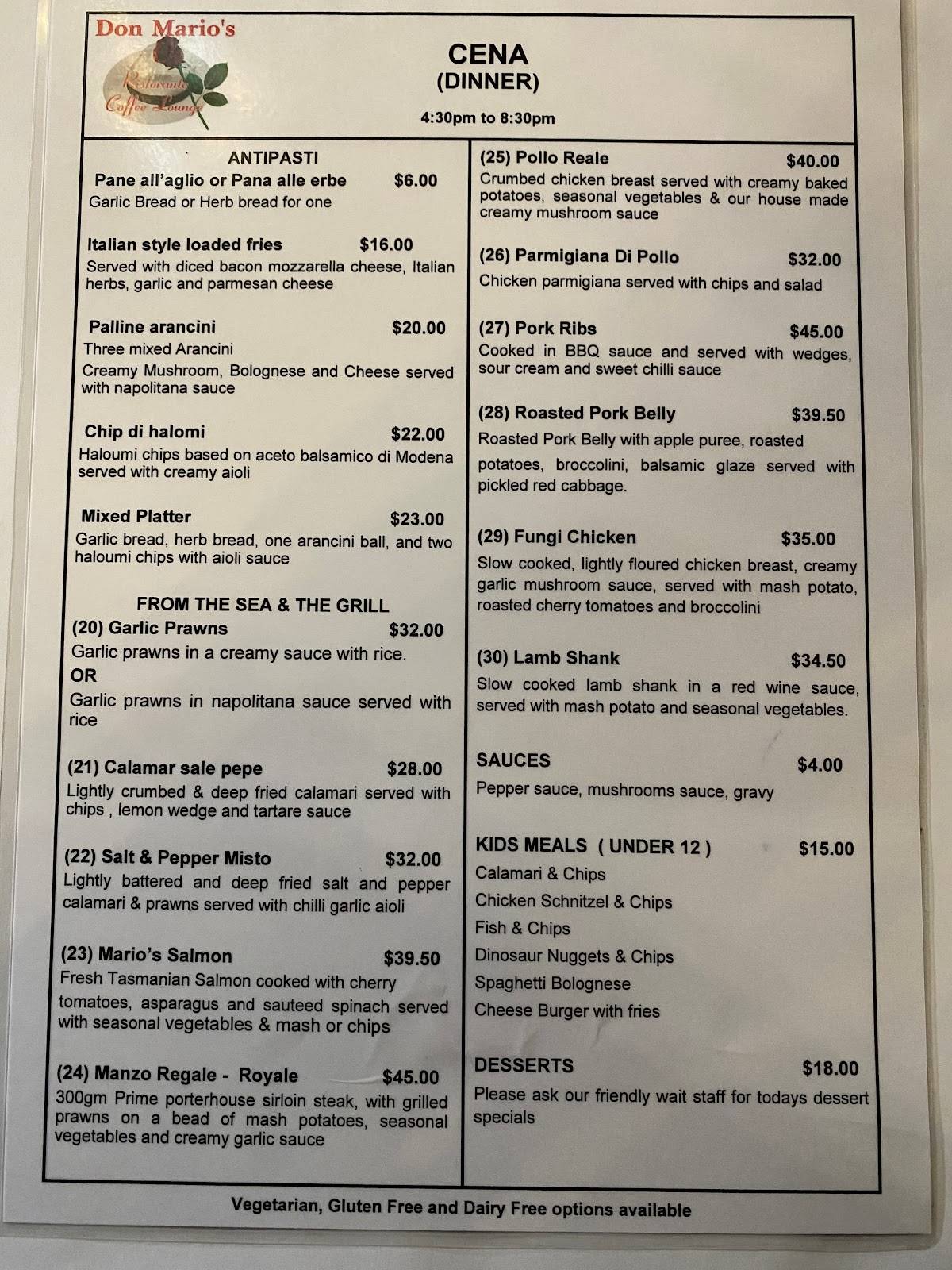 Menu at Don Mario's Italian Restaurant - George Town, George Town