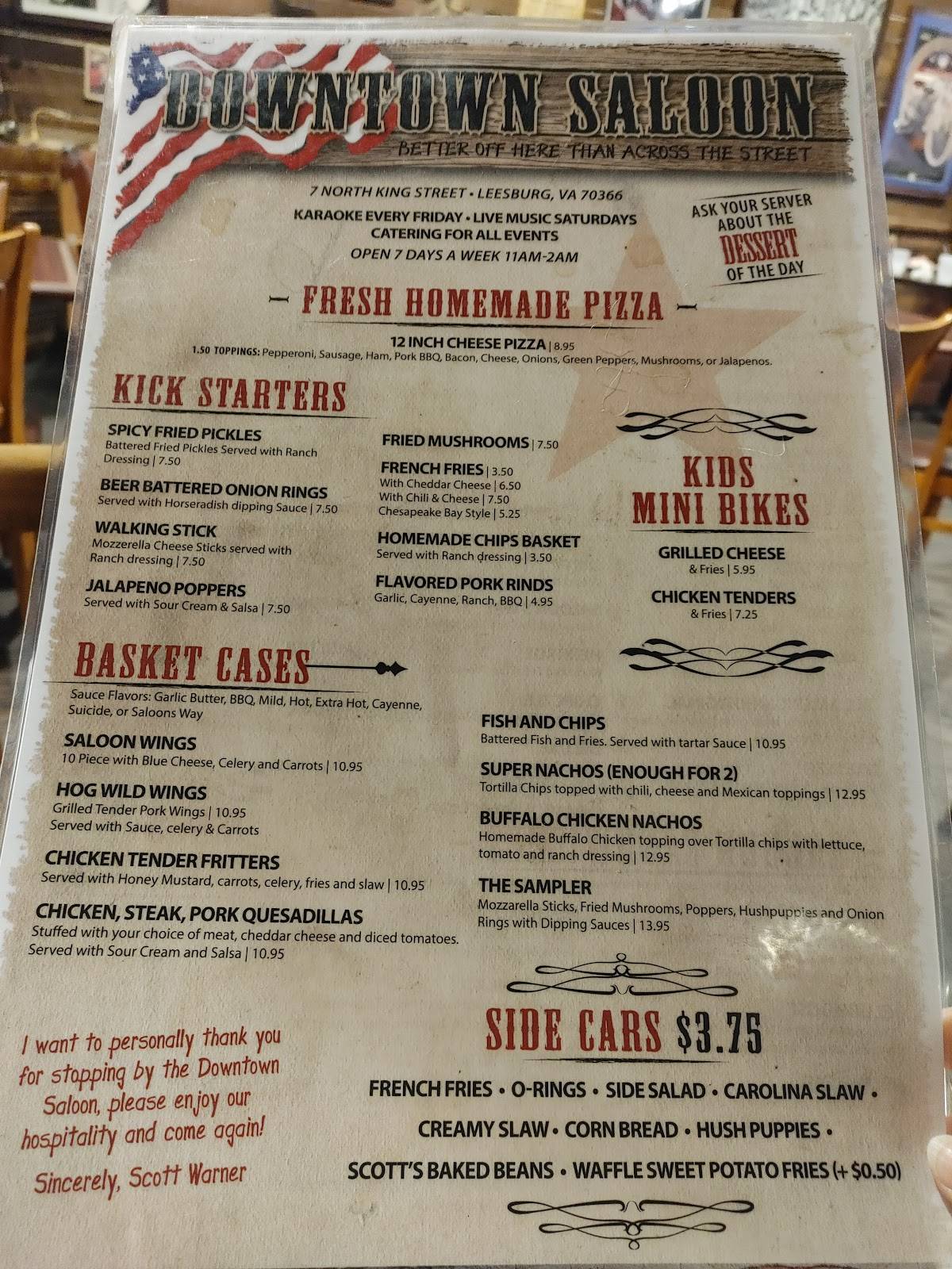 Menu at Downtown Saloon pub & bar, Leesburg