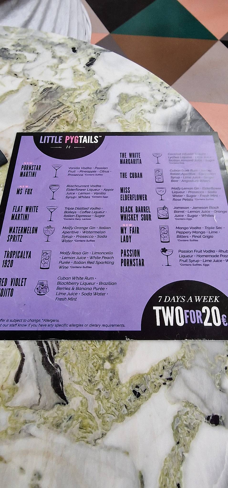 Menu at Little Pyg restaurant, Dublin