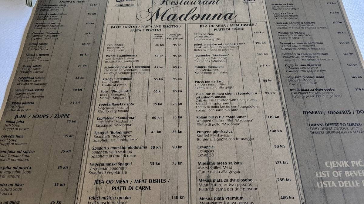Menu at Restoran Madonna restaurant, Dubrovnik