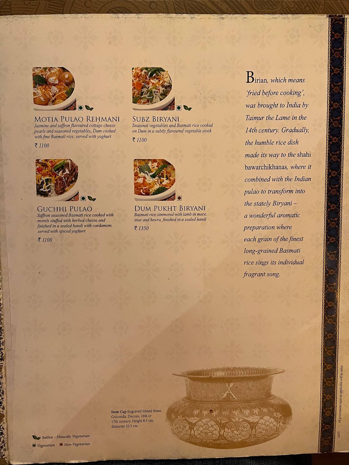 Menu at Dum Pukht, Kolkata, 1