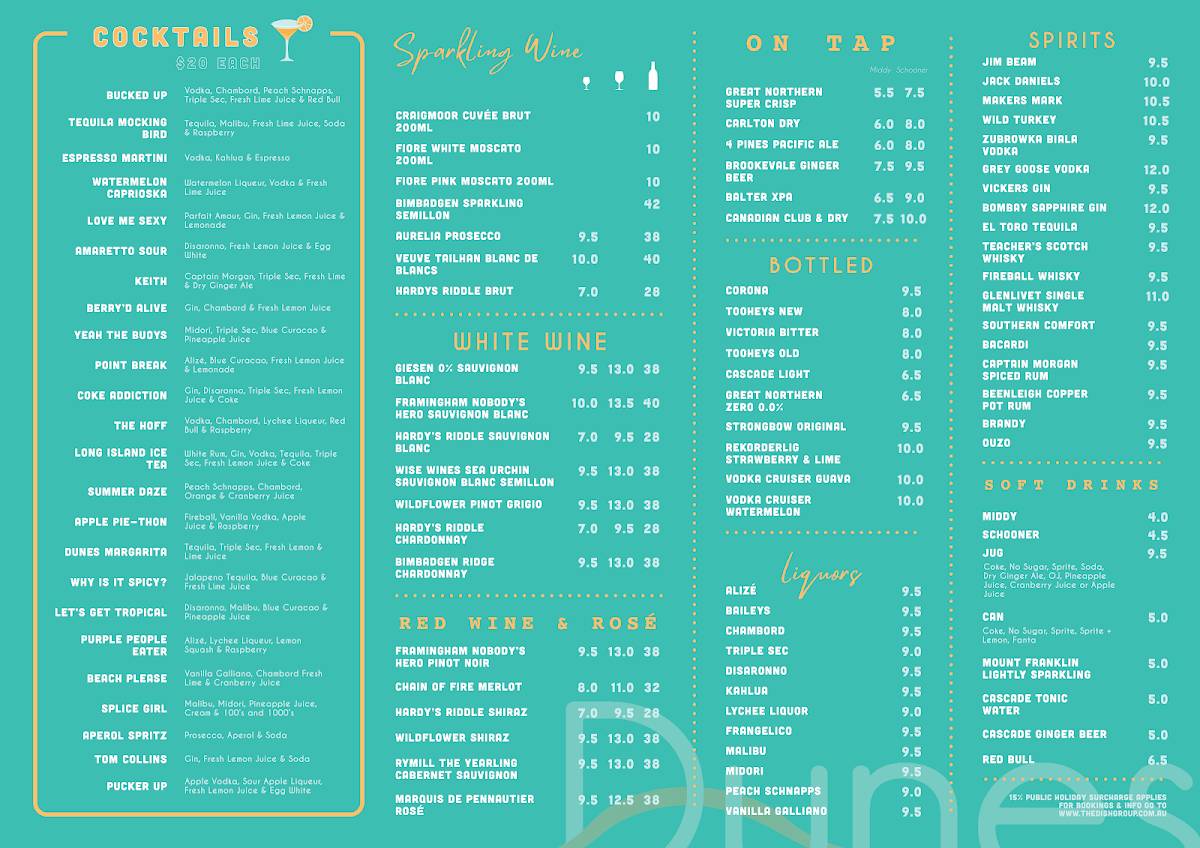 Menu at Dunes by Dish restaurant, Norah Head