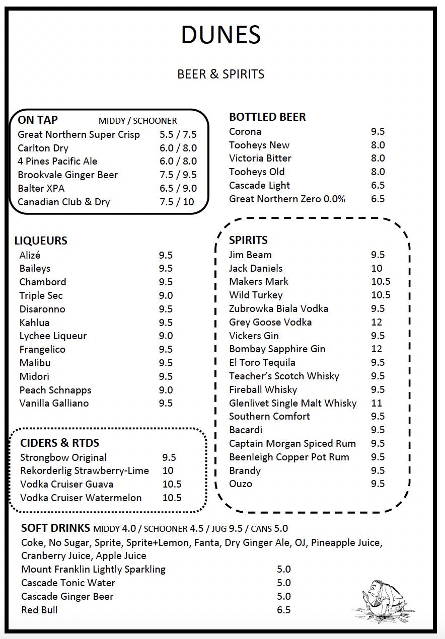 Menu at Dunes by Dish restaurant, Norah Head