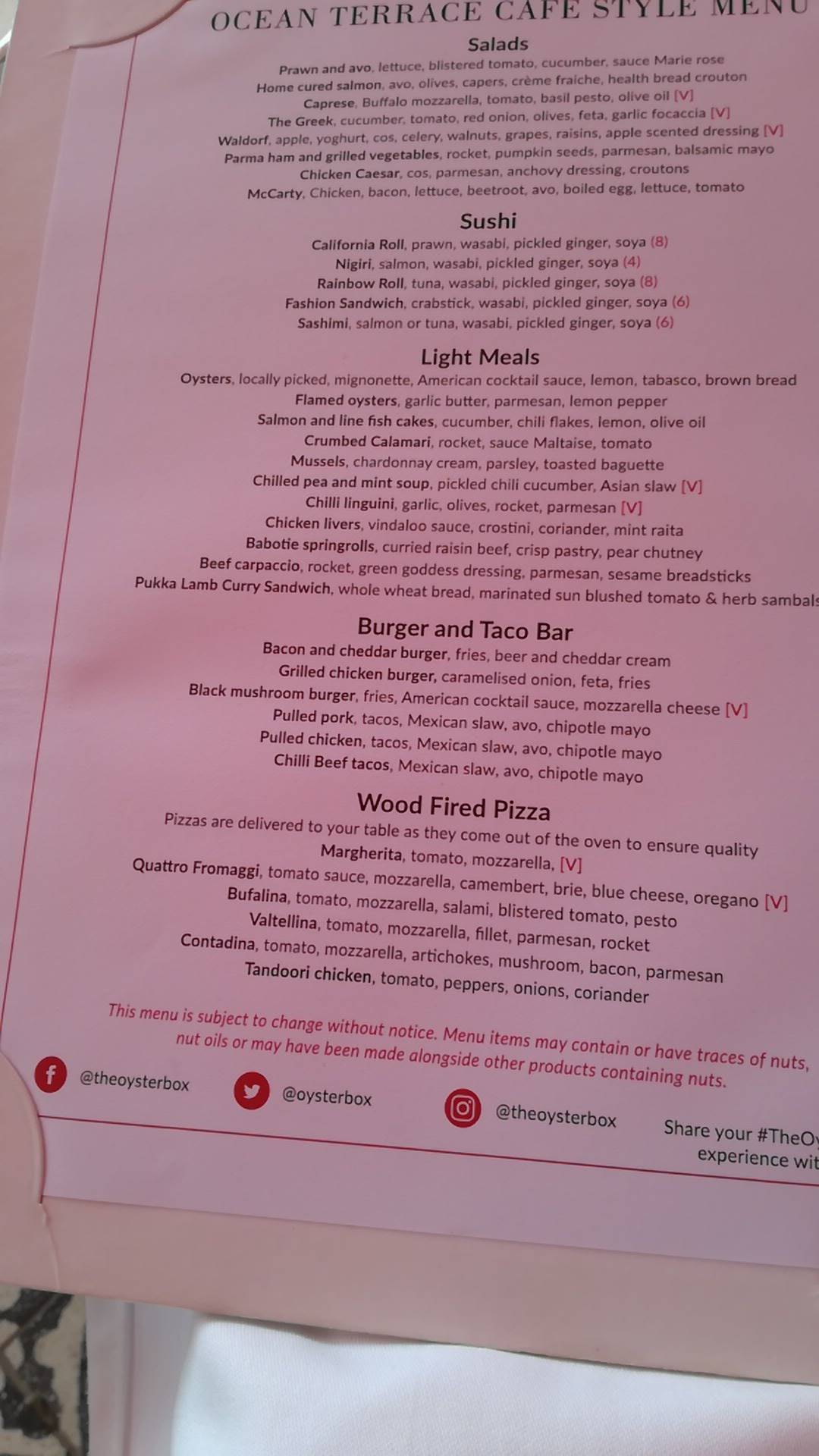 Menu at The Ocean Terrace restaurant, Umhlanga