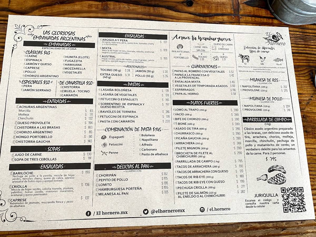 Carta del restaurante EL HORNERO, Juriquilla