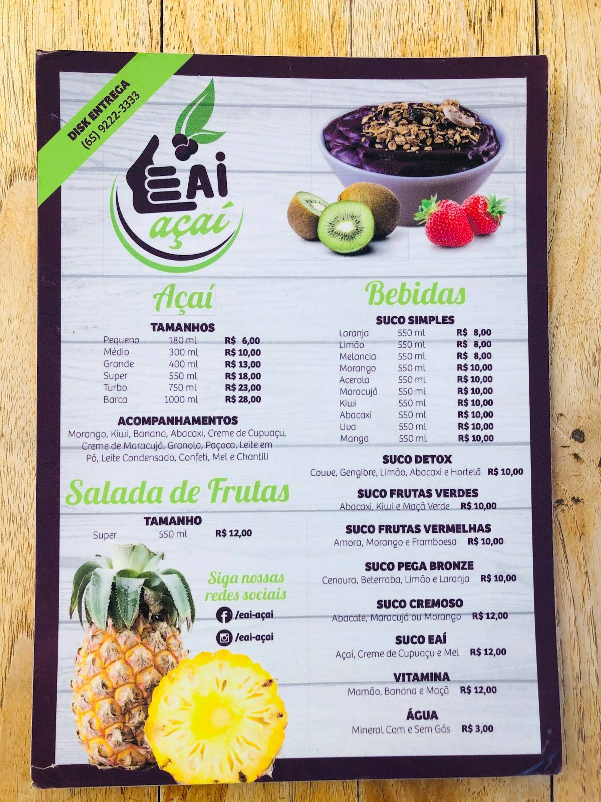Menu at Eaí Açaí, Brazil