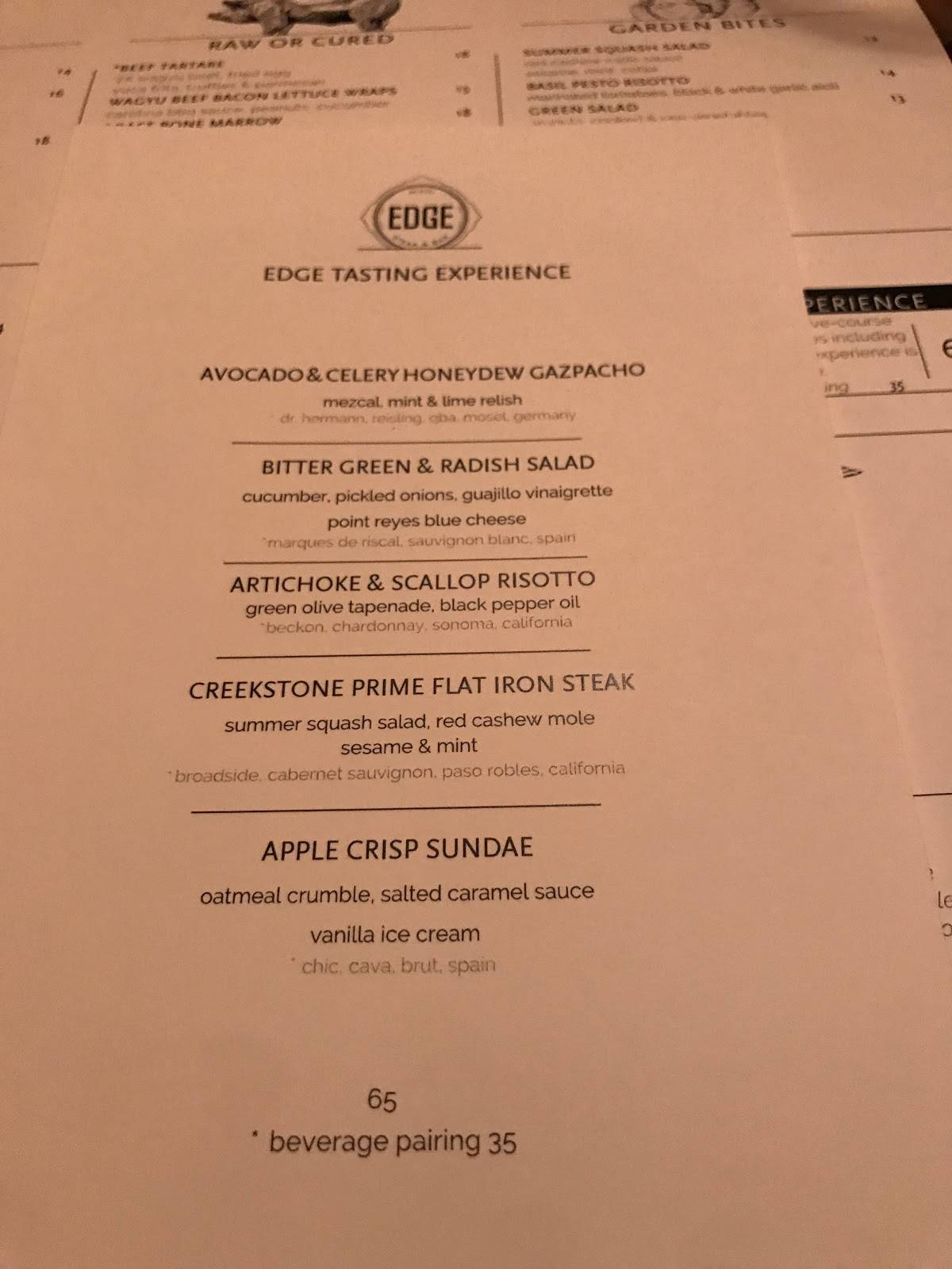 Menu at Edge Brasserie and Cocktail Bar, Miami