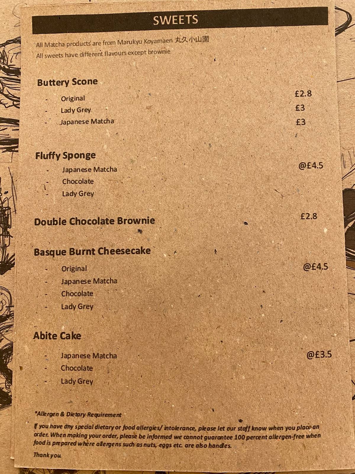 Menu at The GLOCK Edinburgh cafe, Edinburgh