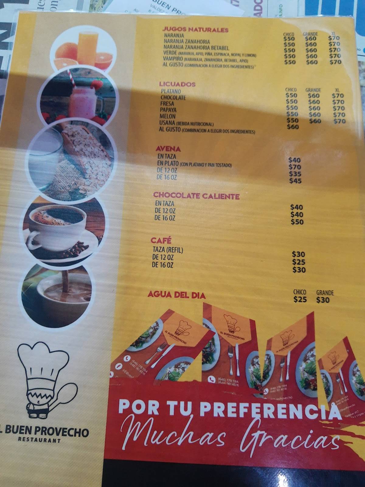 Carta del restaurante El Buen Provecho, Ensenada