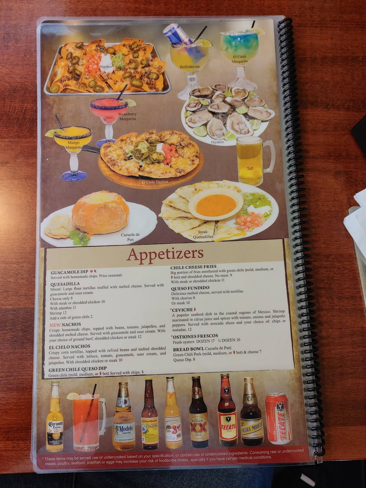 Menu at El Cielo restaurant, Loveland