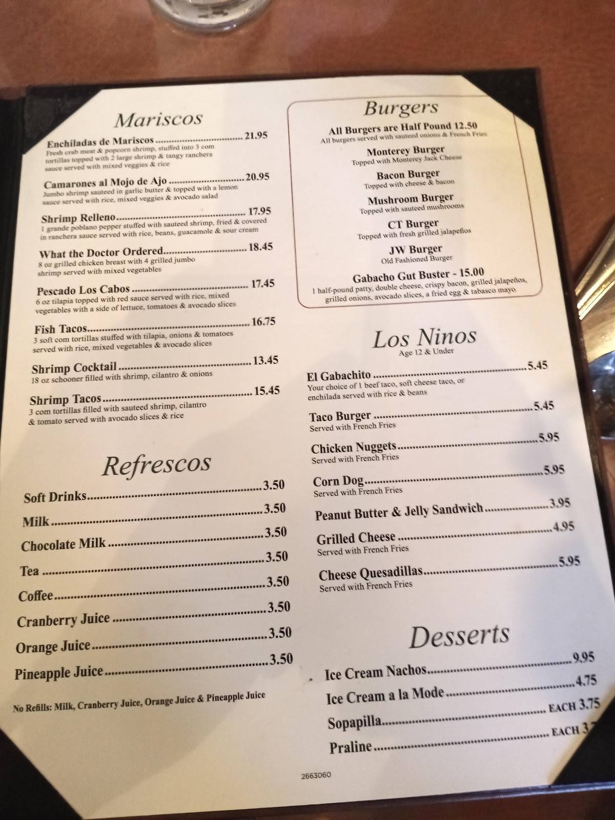 Menu at El Gabacho Tex-Mex Grill restaurant, Arlington