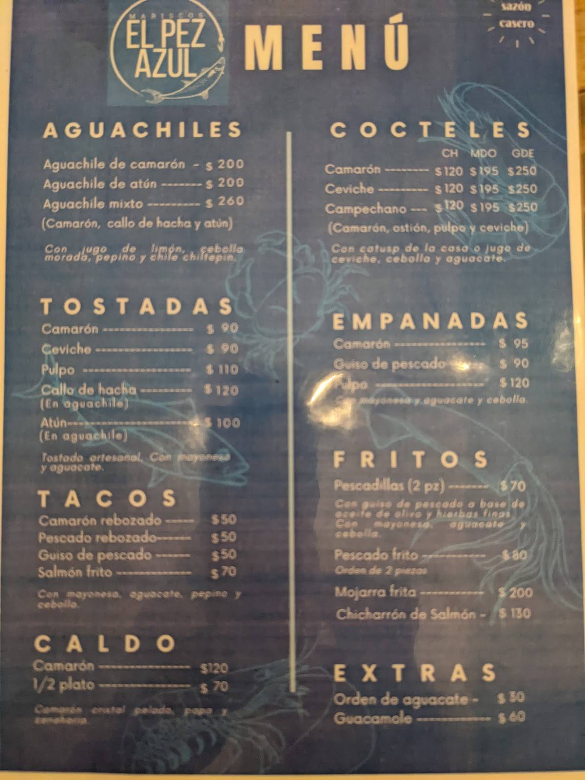 Carta del restaurante El Pez Azul, Ciudad del México, Citlaltépetl 40-A