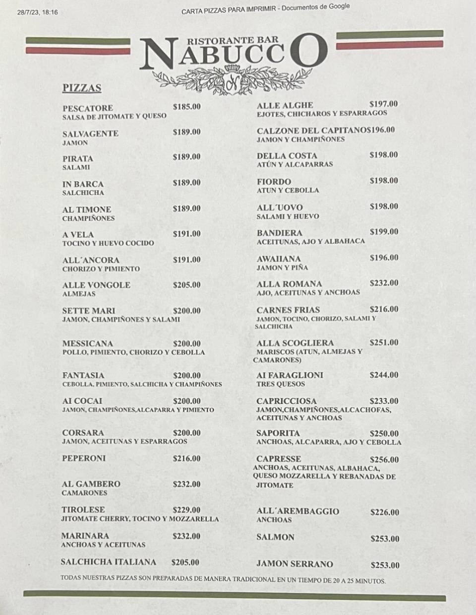 Carta de Ristorante Bar Nabucco, Santiago de Querétaro, Prolongacion ...