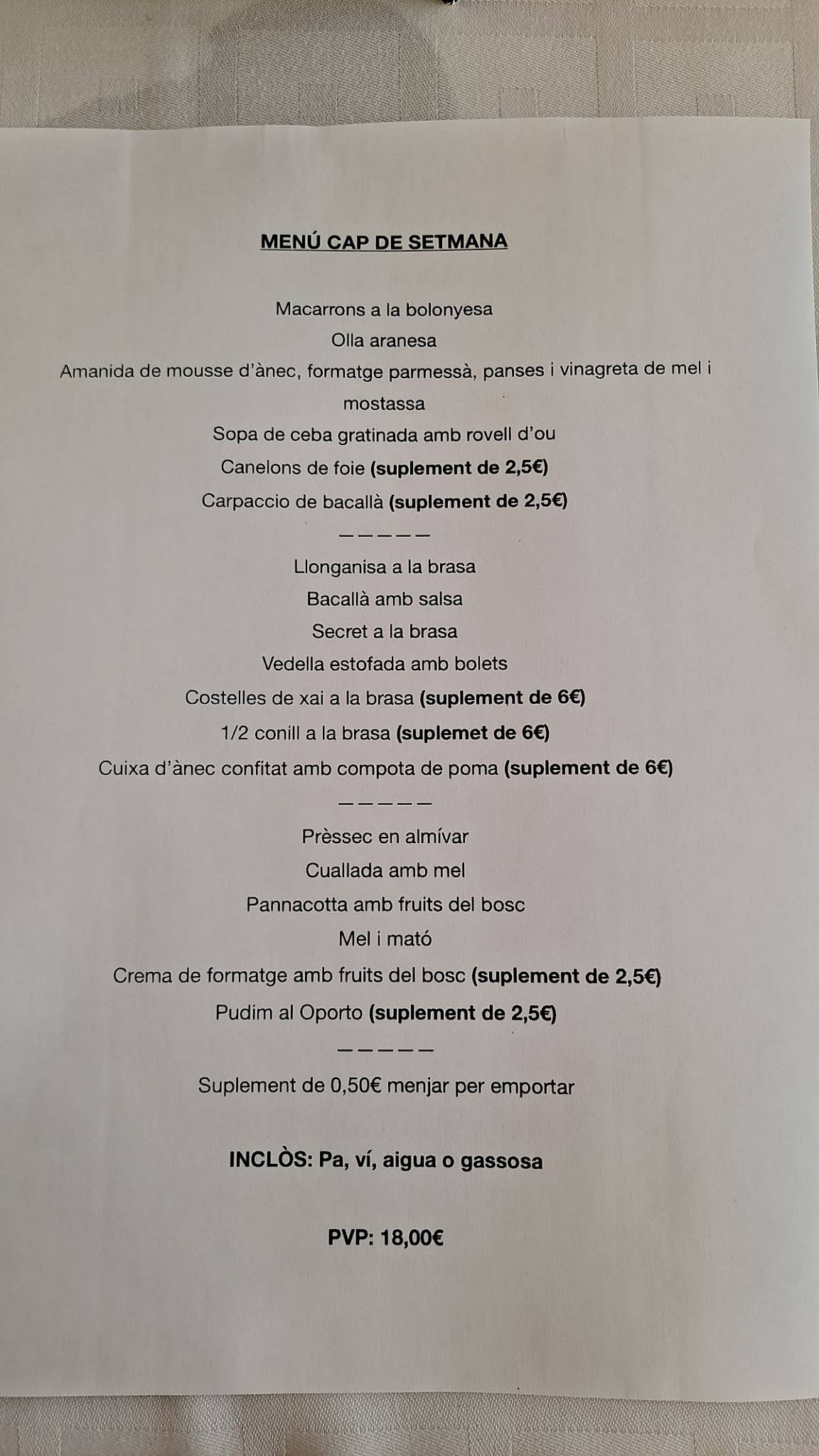 Carta del restaurante El Racó del la Vinya, Villarrodona