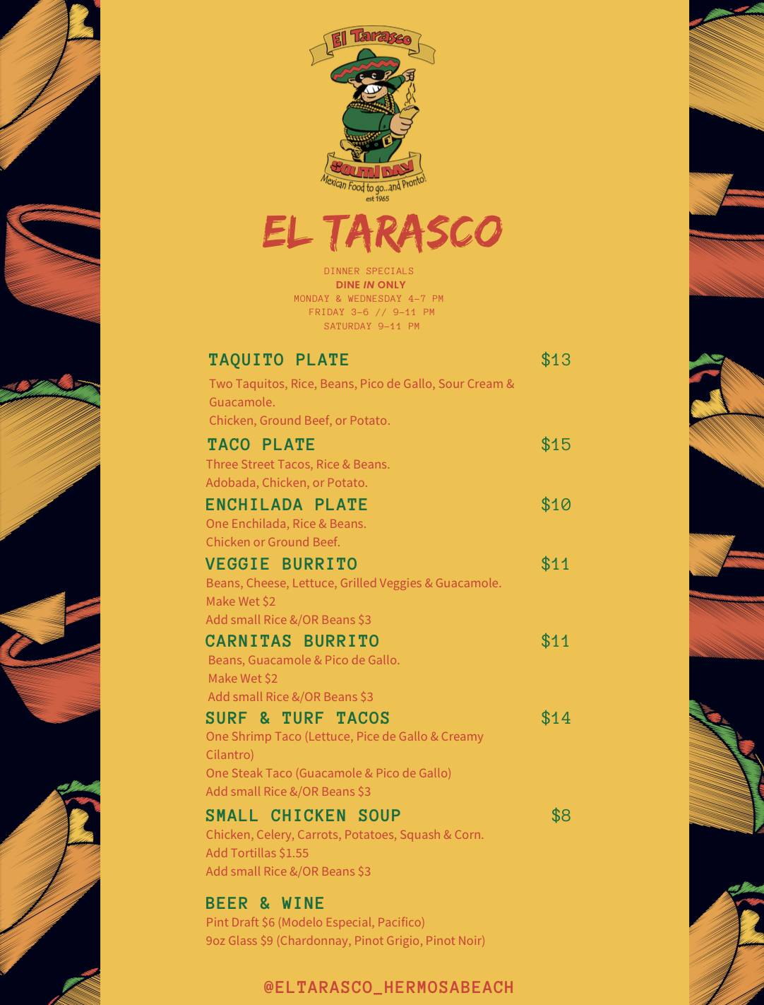 Menu at El Tarasco restaurant, Hermosa Beach