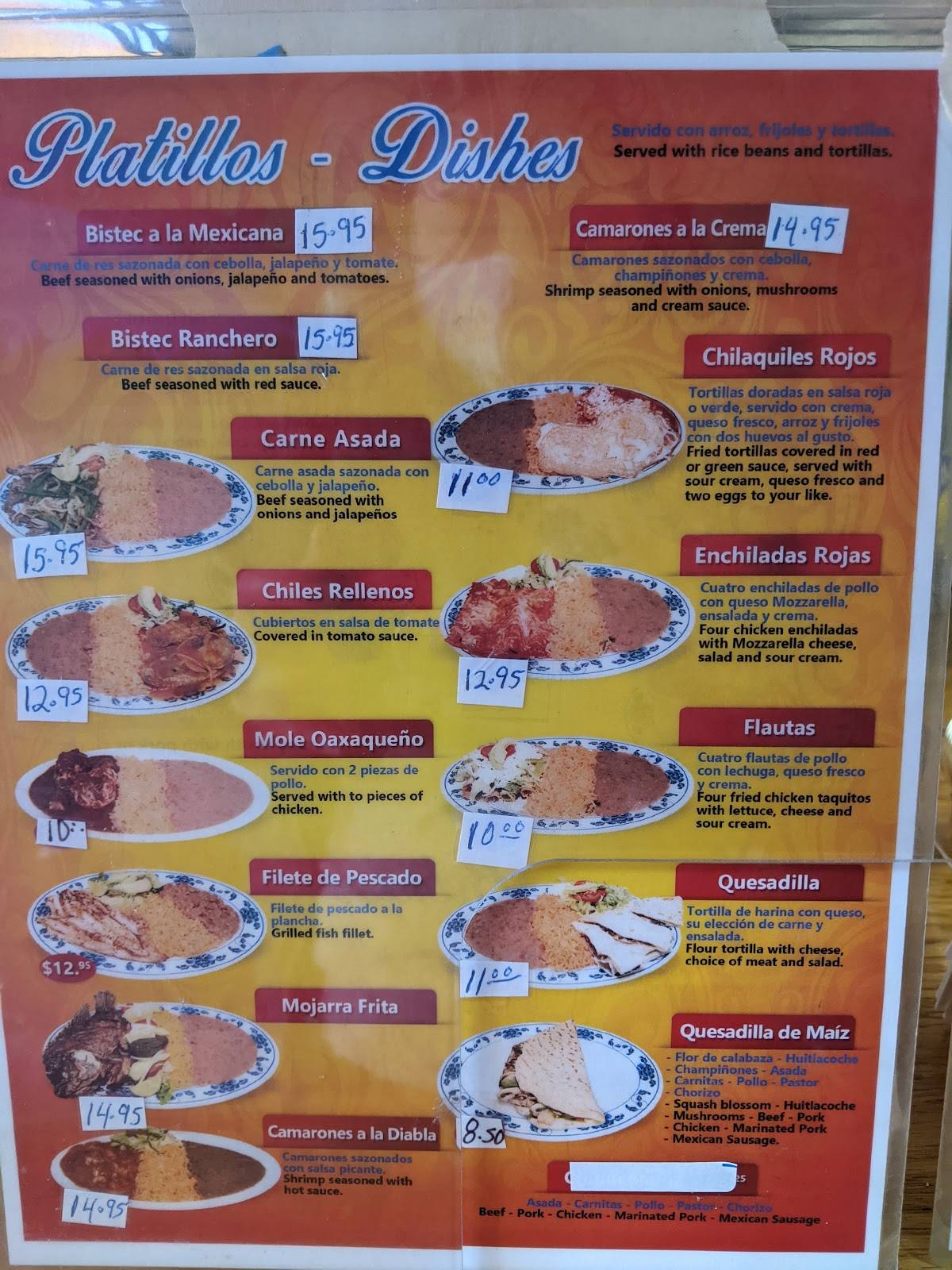Menu at El Tule Taqueria restaurant, Woodburn