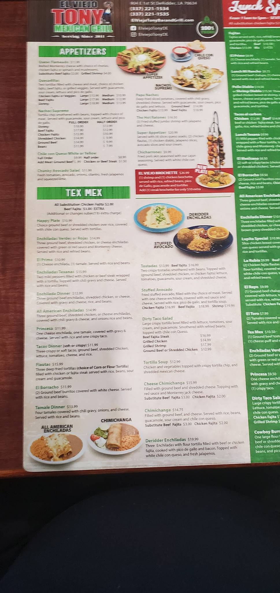 Menu at El Viejo Tony DeRidder restaurant, DeRidder
