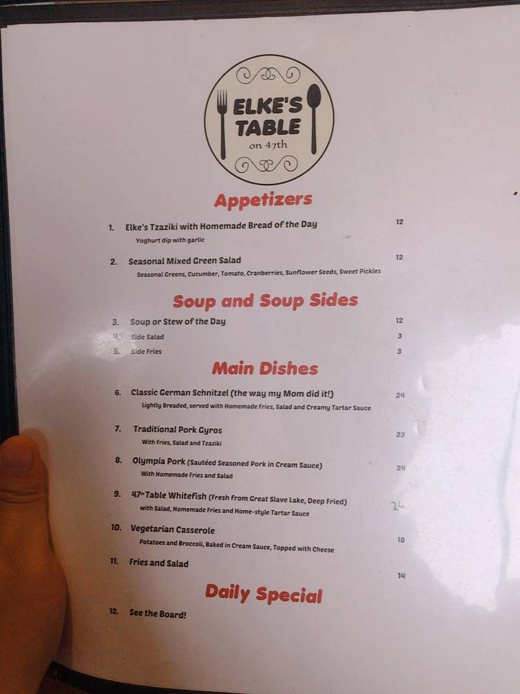 Menu at Elke's Table on 47th restaurant, Yellowknife