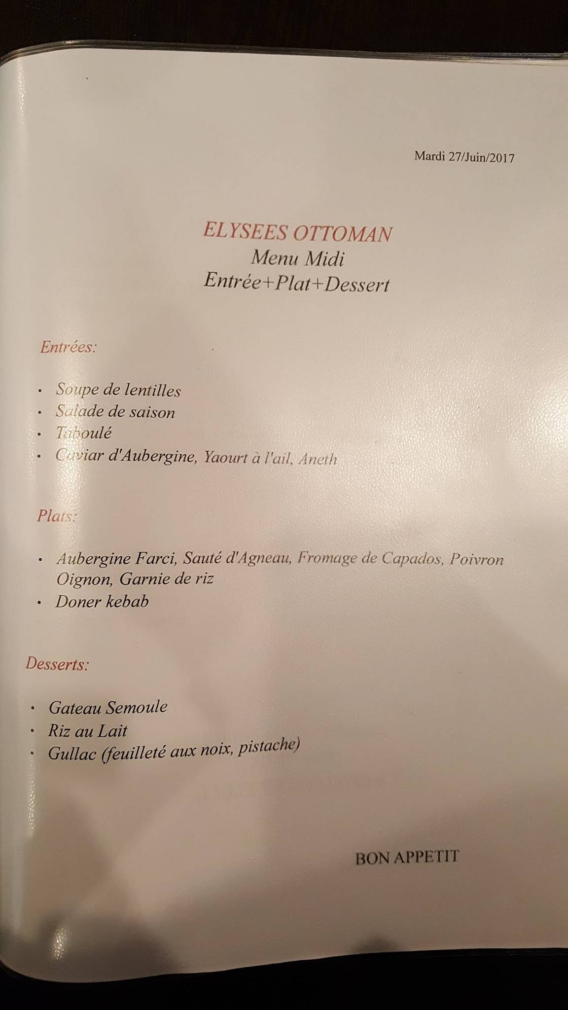 Menu at Élysées Ottoman PERA restaurant, Paris