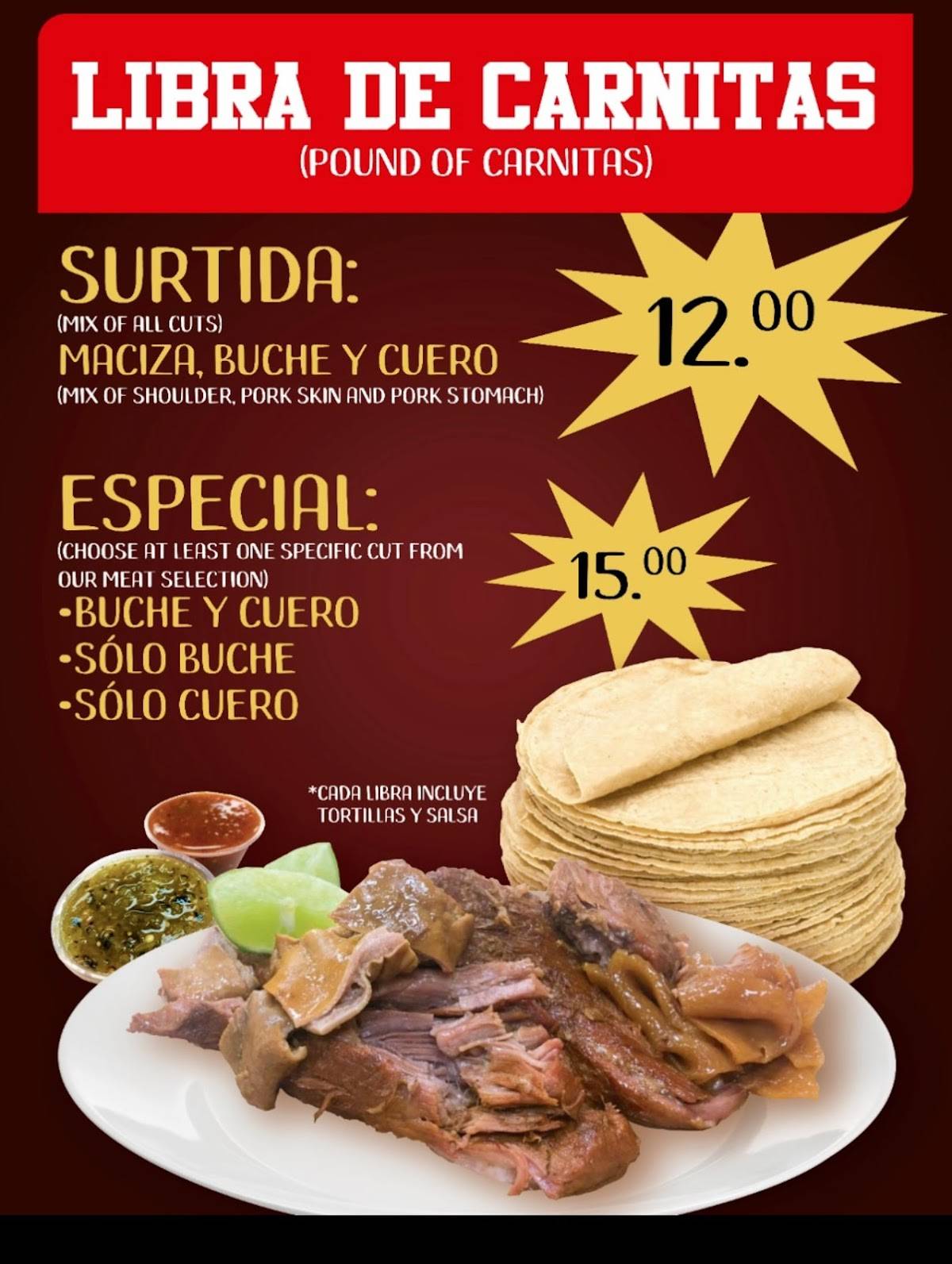 Menu at Emiliano's Carnitas restaurant, Norristown