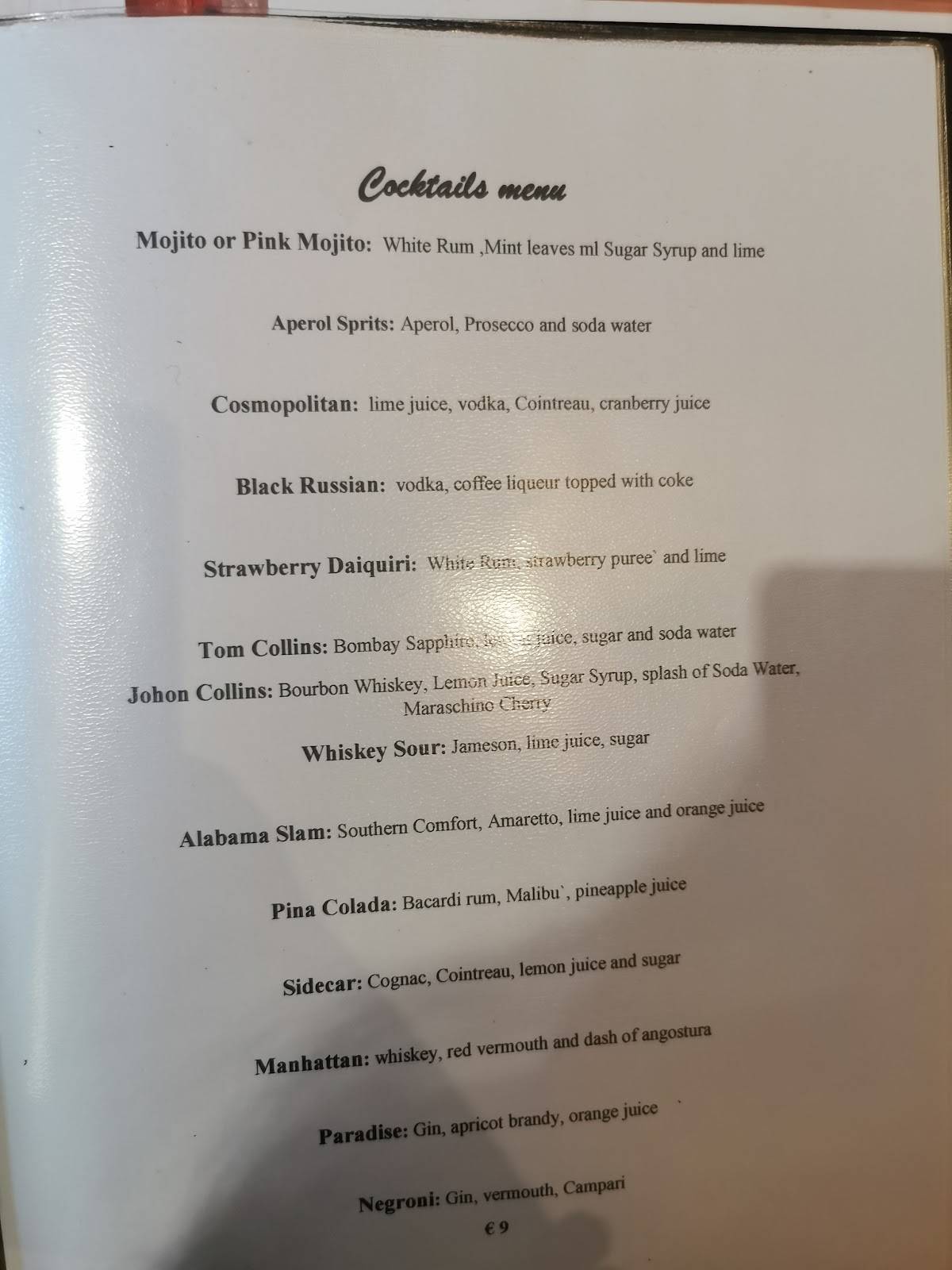 Menu at Emiliano's restaurant, Waterford