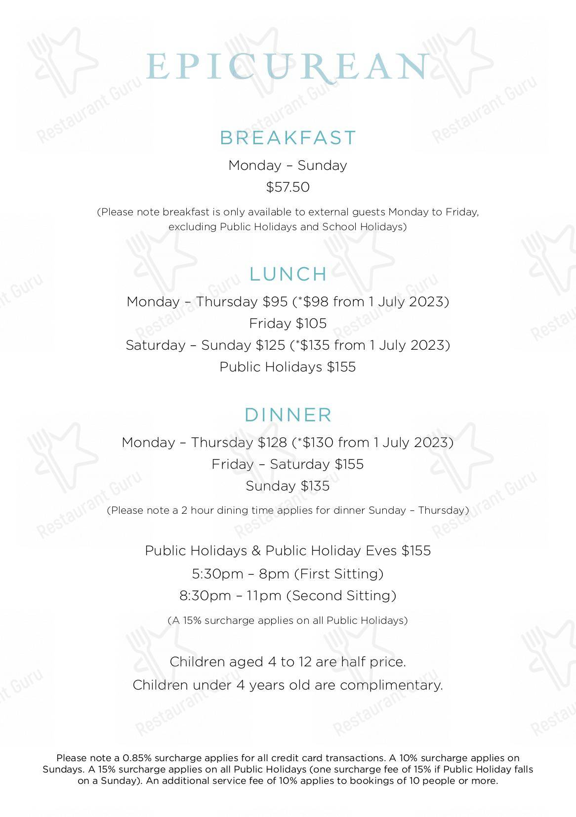 Menu at Epicurean restaurant, Barangaroo, Crown Sydney