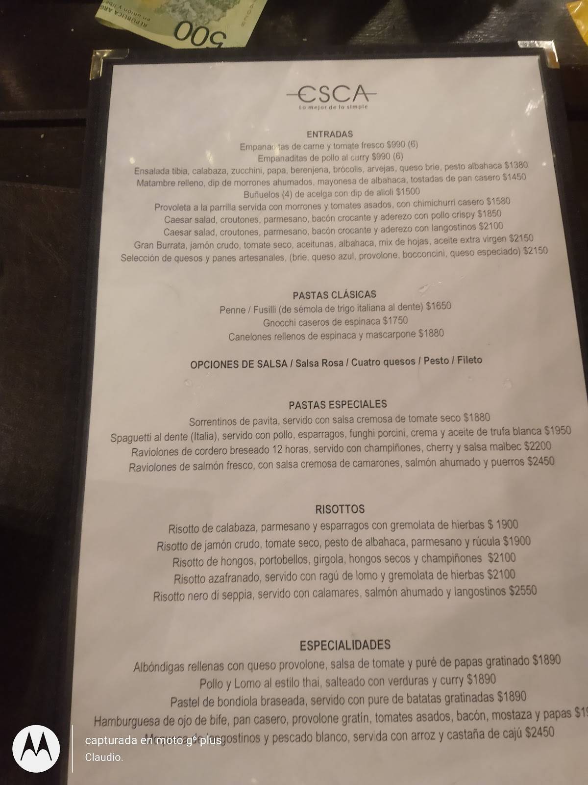 Menu at Esca restaurant, Ciudad Jardin Lomas de Palomar