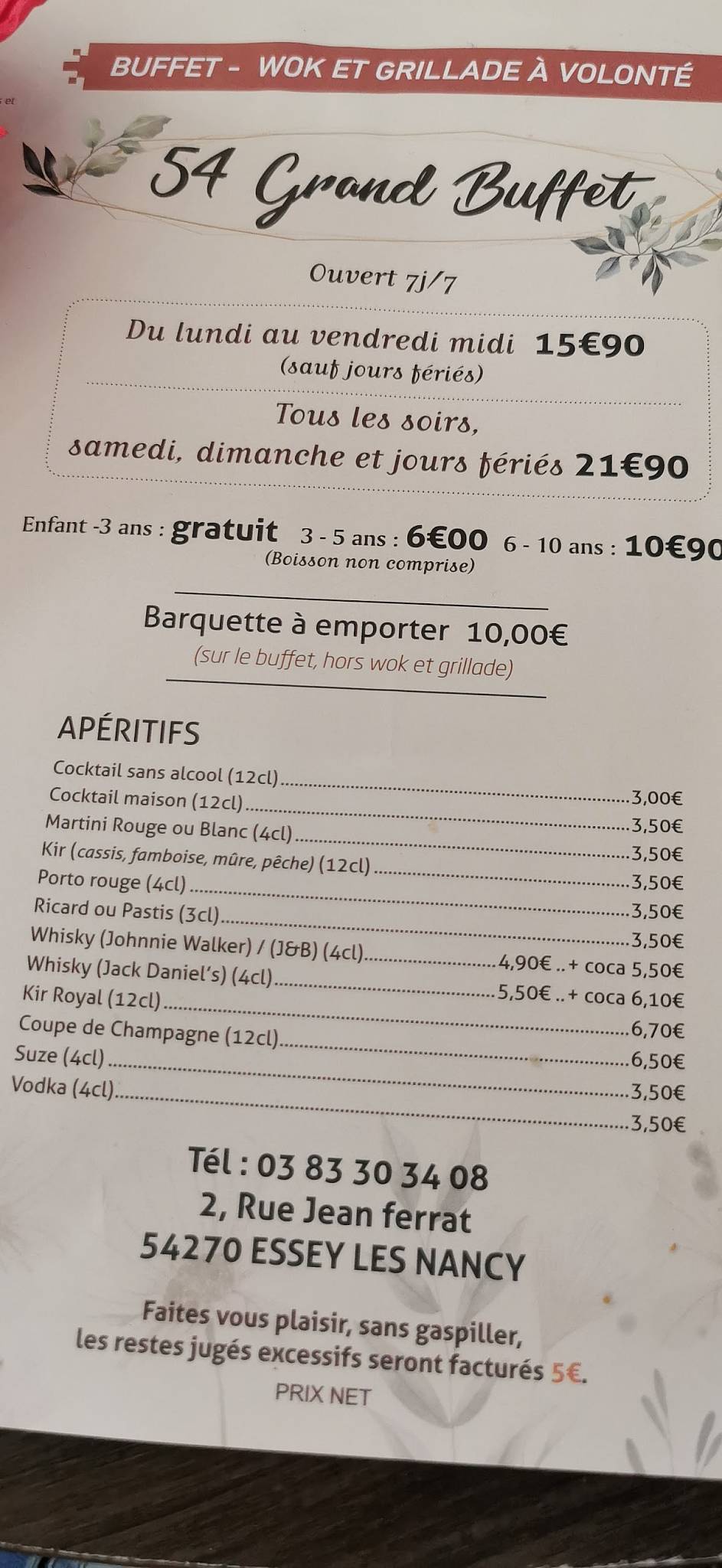 Menu au 54 Grand Buffet restaurant, Essey-lès-Nancy