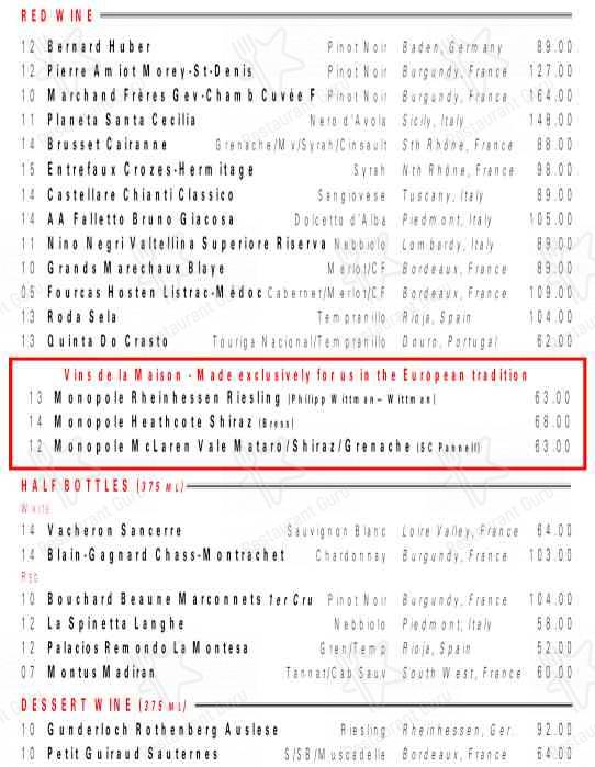 Menu at The European restaurant, Melbourne