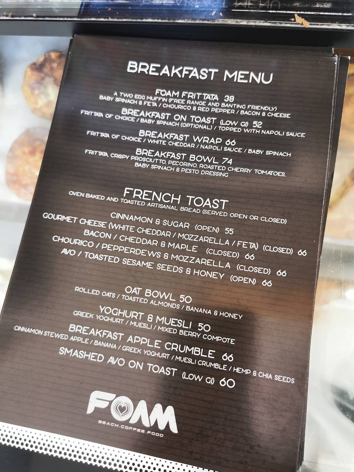 Menu at FOAM Coffee cafe, Umdloti