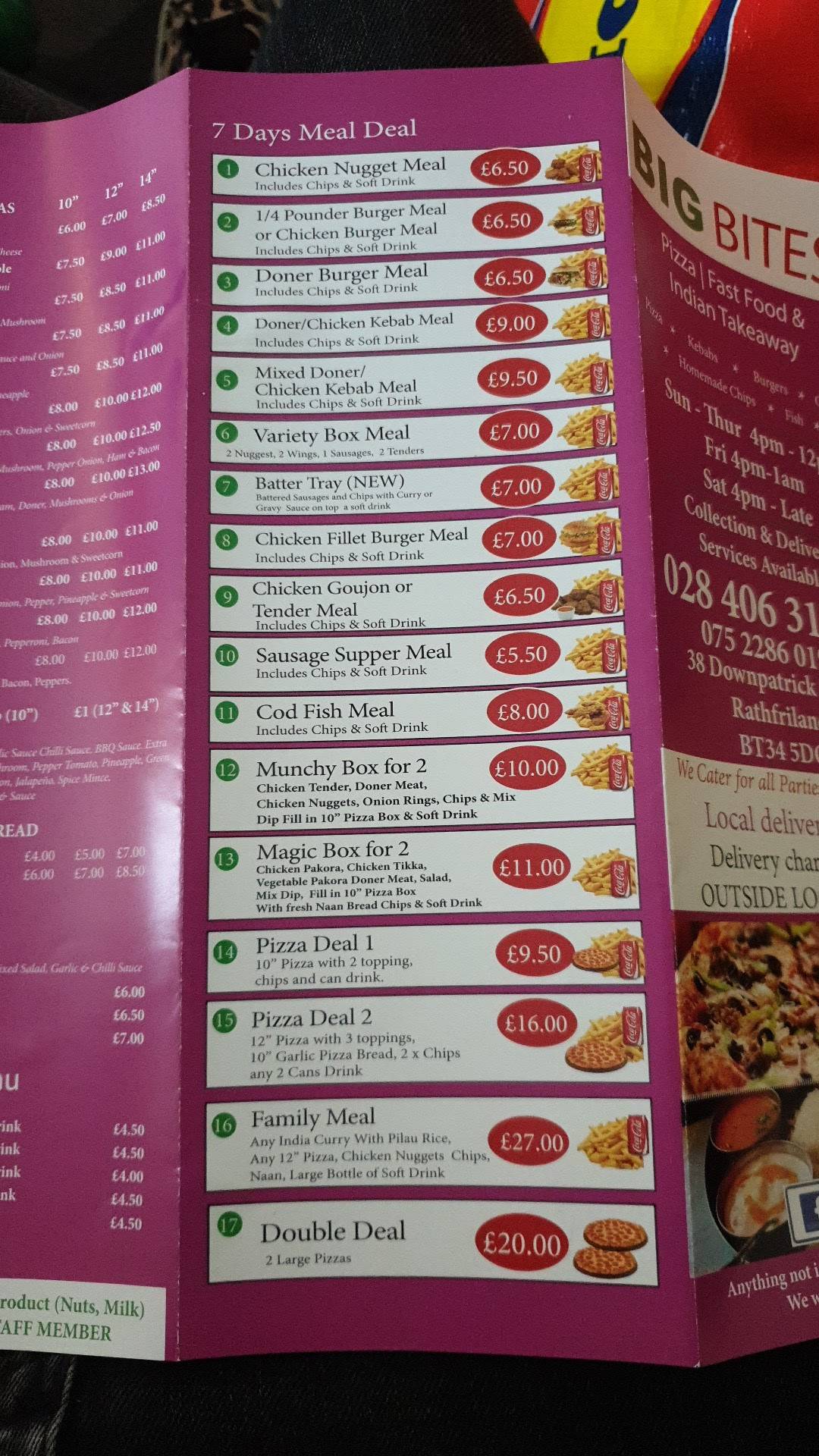 Menu at Big Bites fast food, Rathfriland