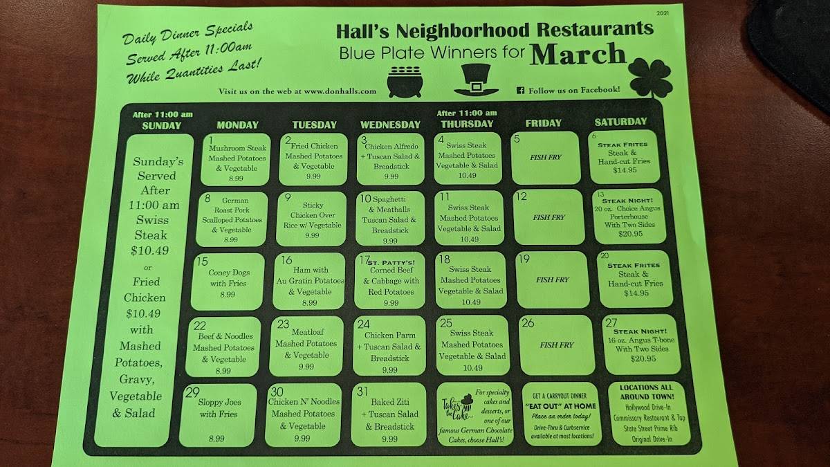Menu at Don Hall's Hollywood Drive-In restaurant, Fort Wayne