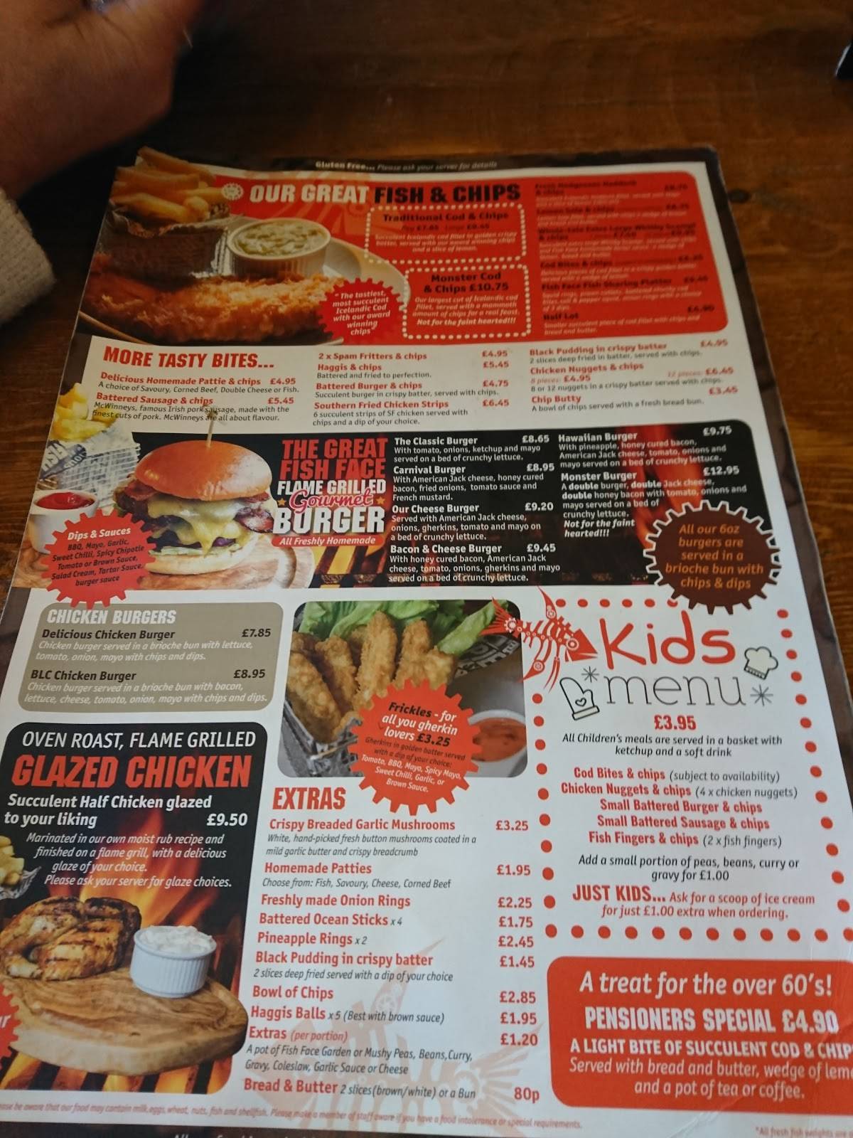 Menu at Fish Face fast food, Hartlepool, Cleveland