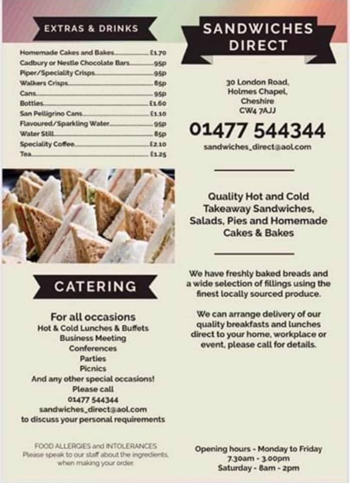 Menu at Sandwiches Direct fast food, Holmes Chapel, 30 London Rd