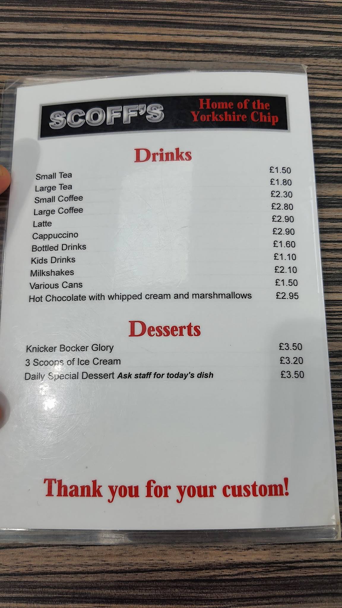 Menu at Scoffs fast food, Paignton