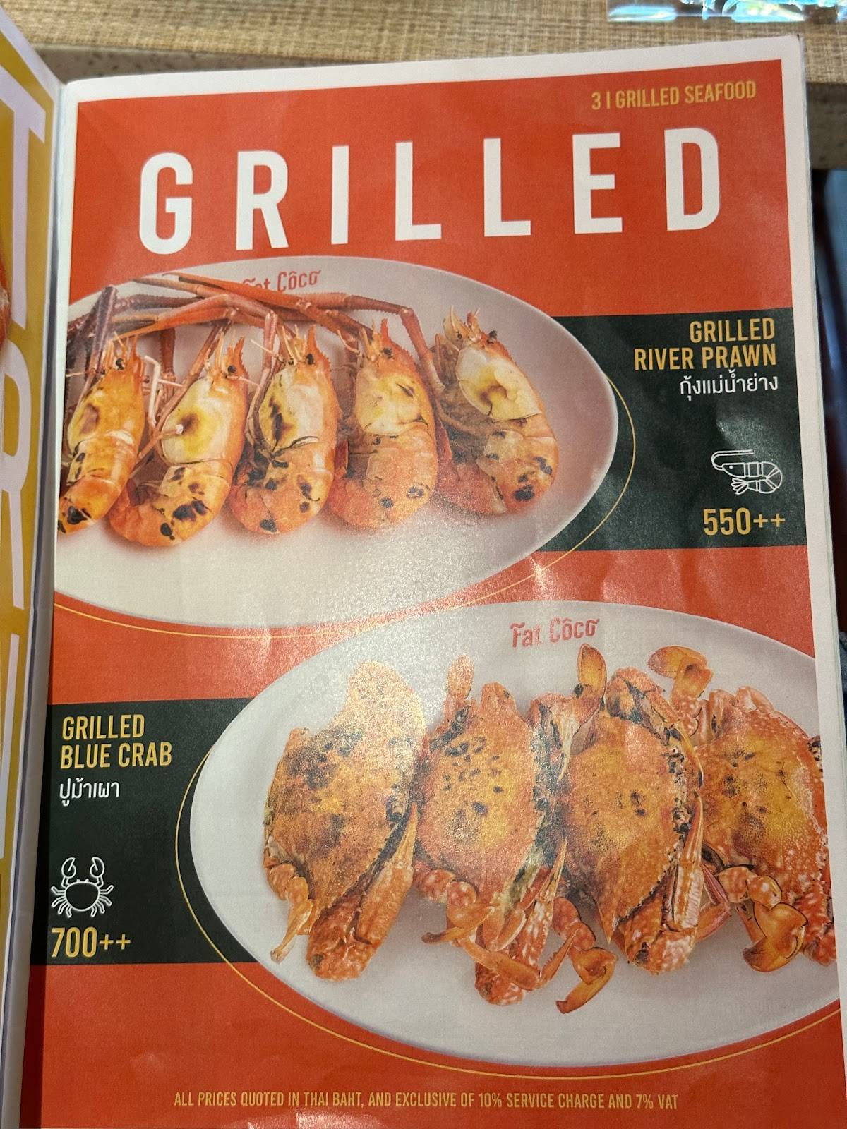 Menu at Fat Coco Seafood Club, Pattaya City