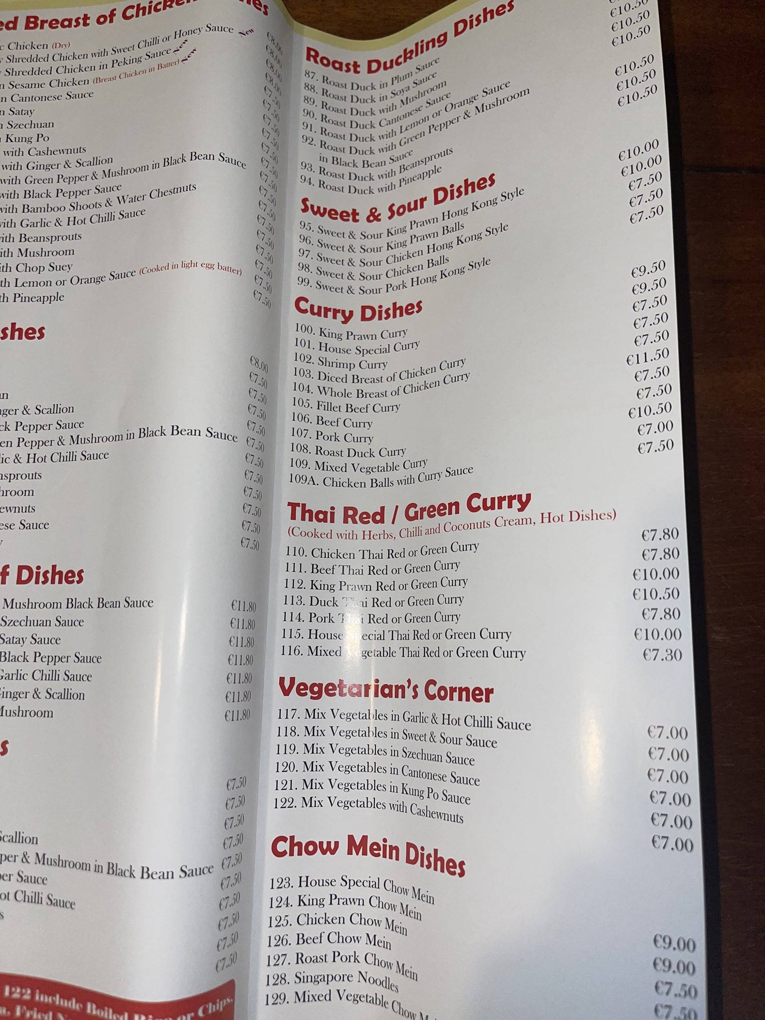 Menu at China Dragon restaurant, Fermoy