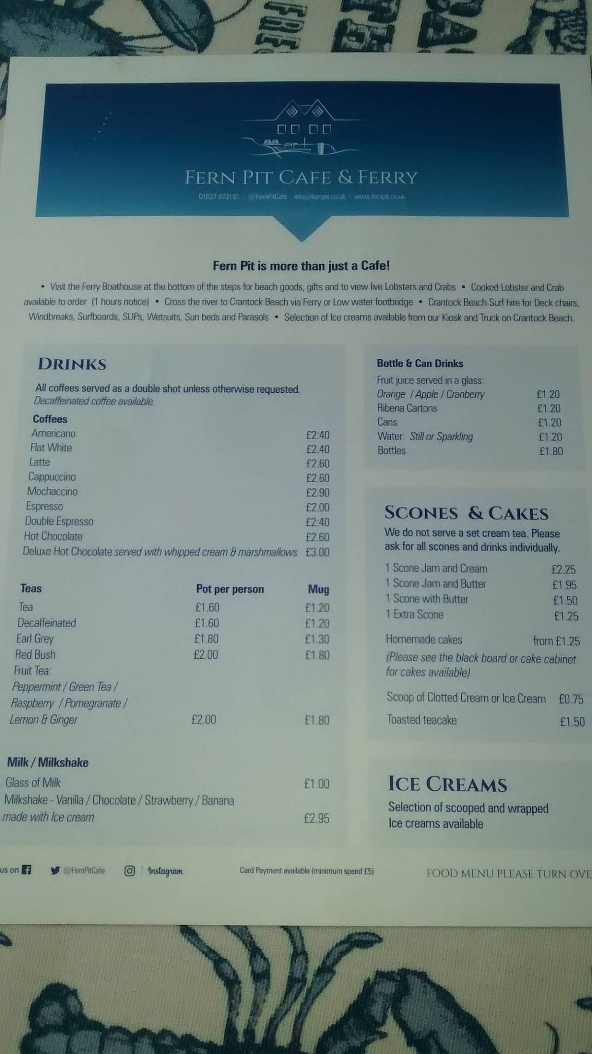 Menu at Fern Pit Cafe & Ferry, Newquay