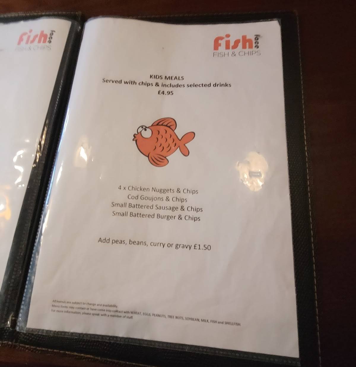 Menu at Fish Face fast food, Hartlepool, Cleveland