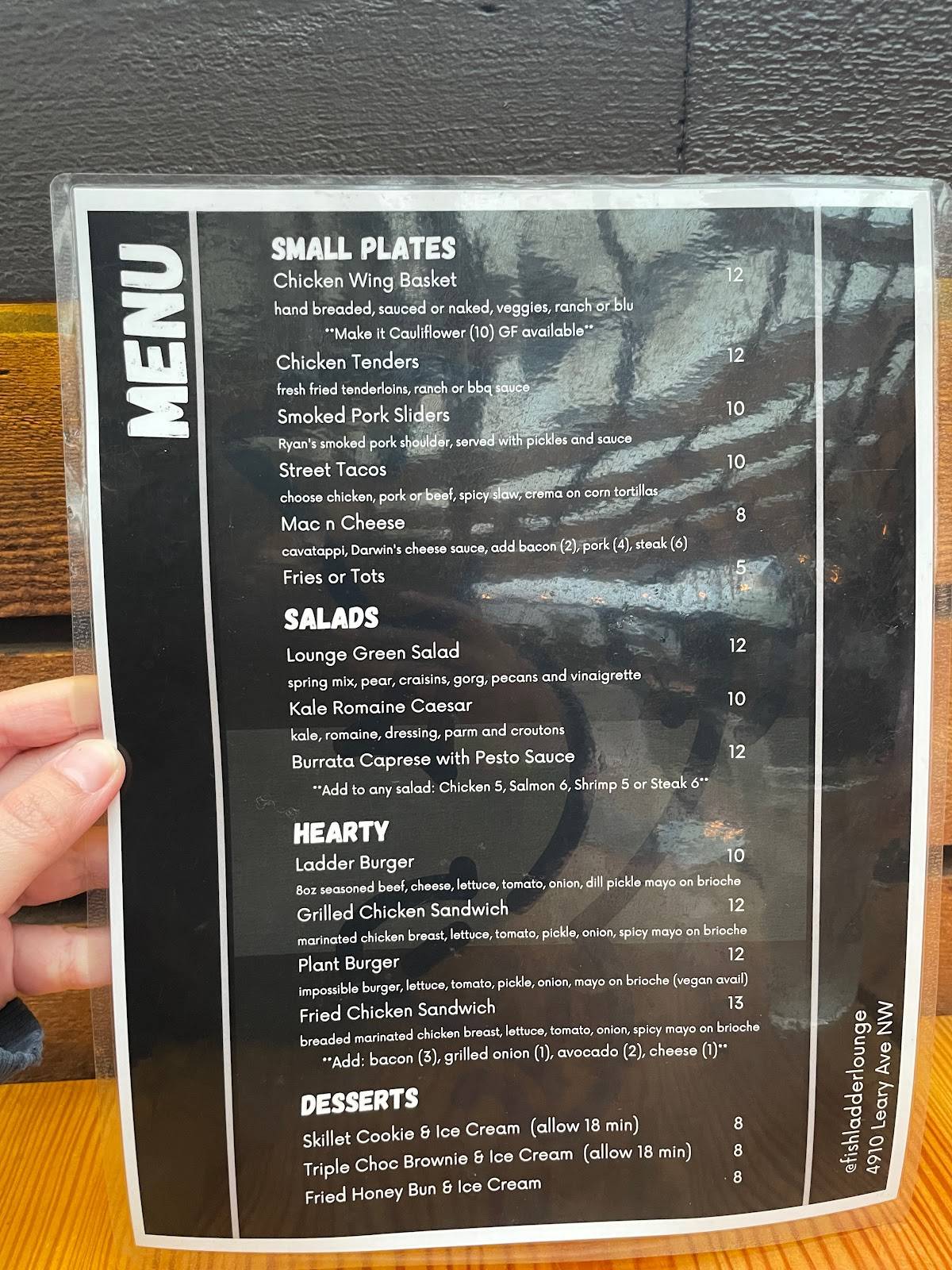 Menu at Fish Ladder Lounge pub & bar, Seattle