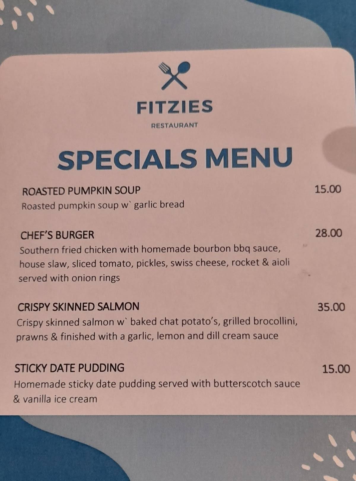 Menu at Fitzgeralds restaurant, Geraldton