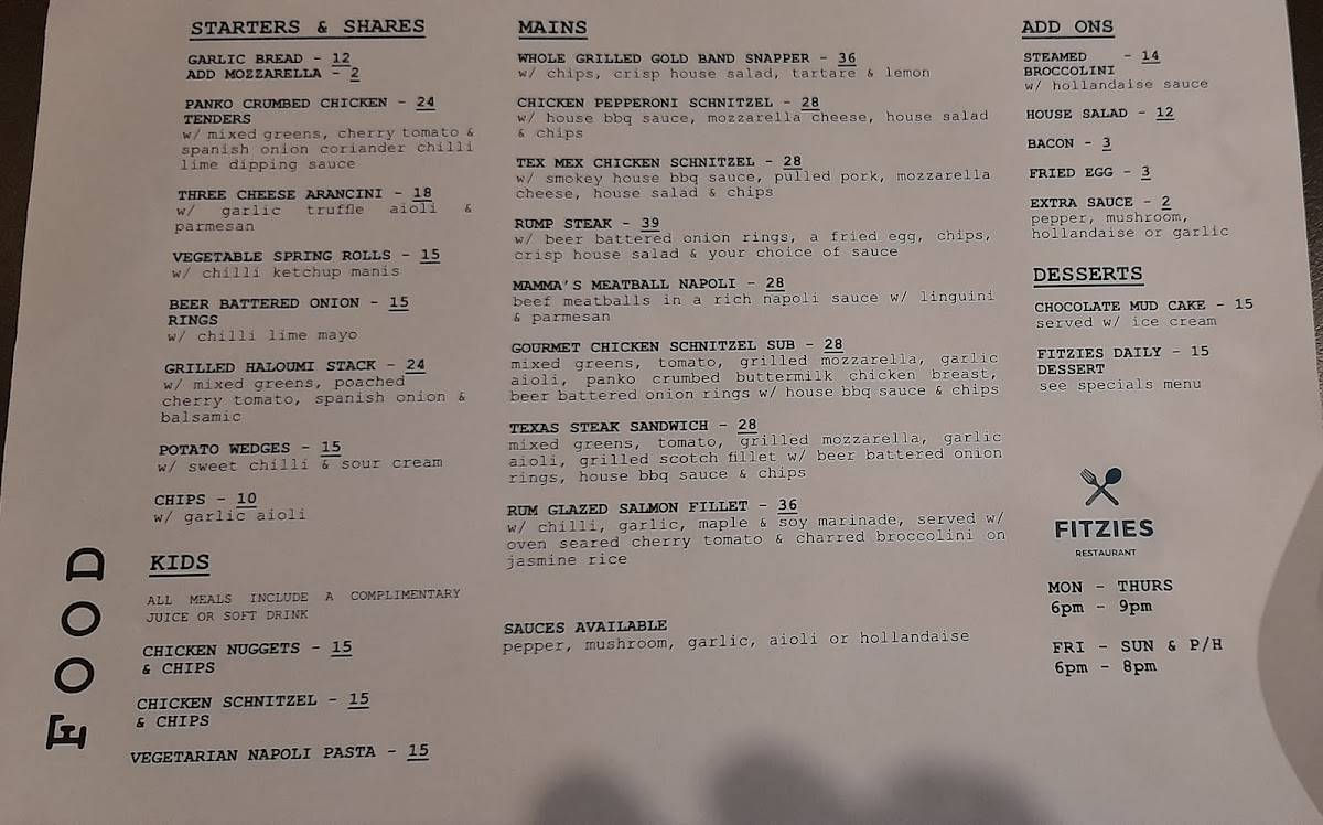 Menu at Fitzgeralds restaurant, Geraldton