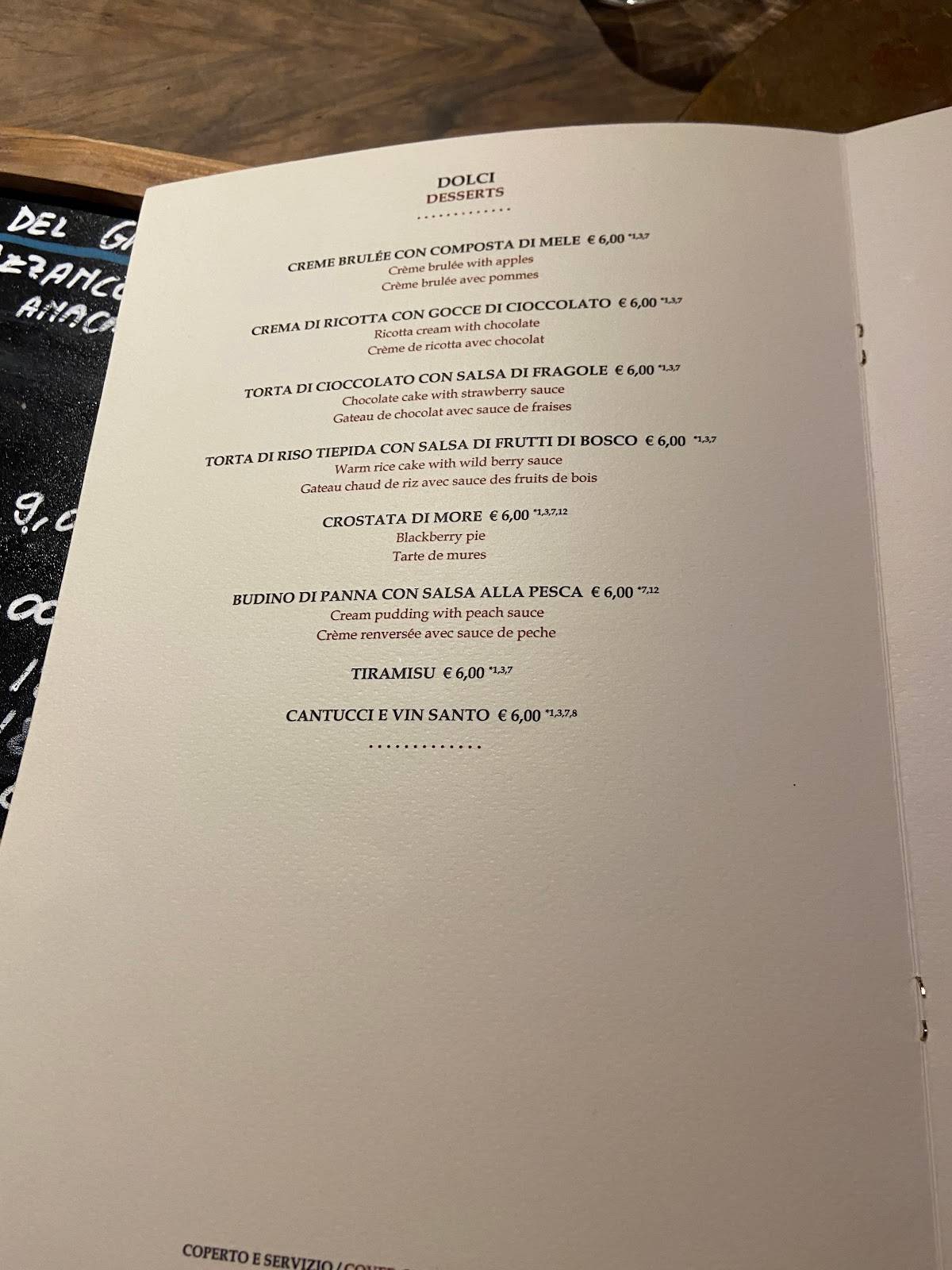Menu at Osteria Santo Spirito restaurant, Florence, Piazza Santo Spirito